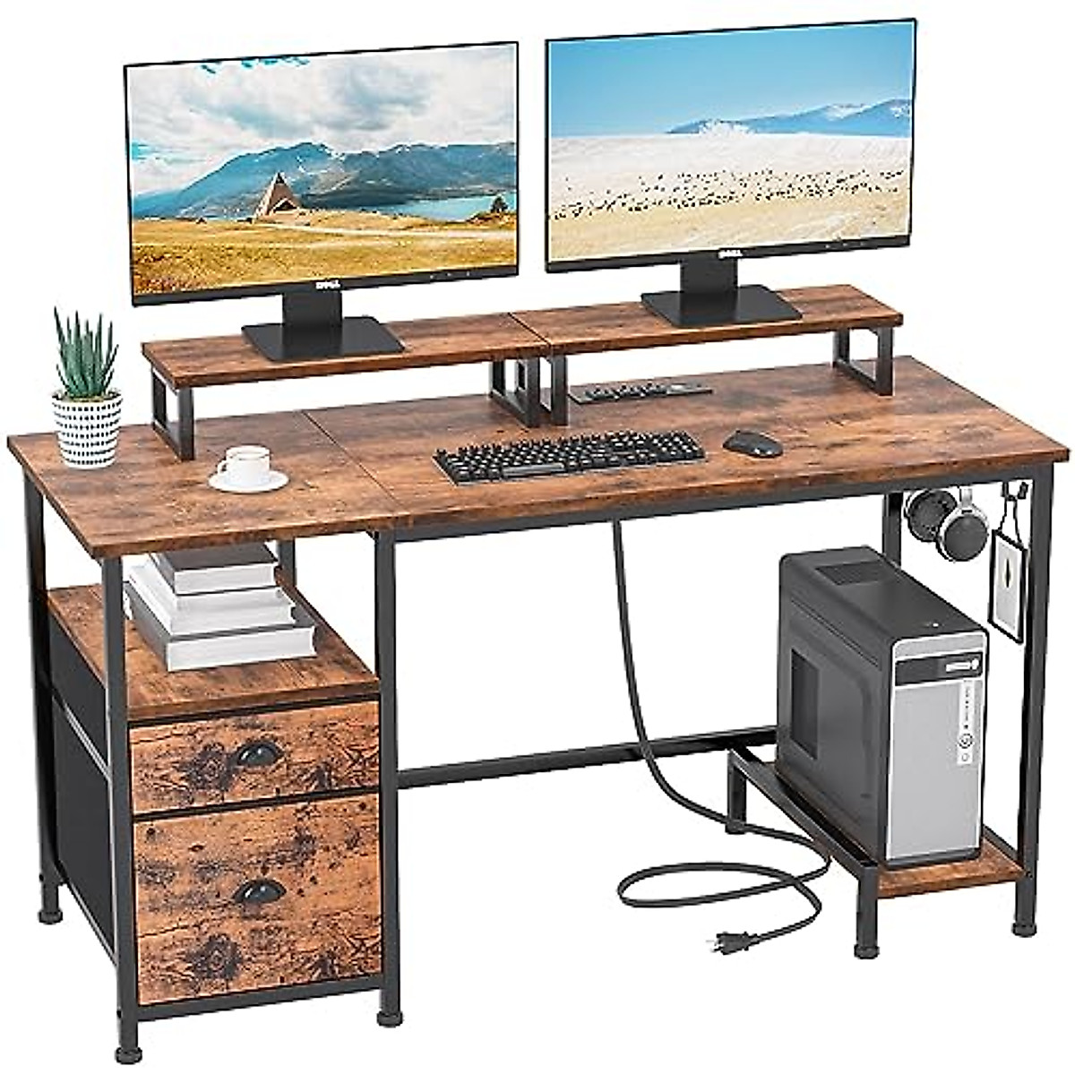 Furologee Computer Desk with Drawer and Power Outlets, 47" Office Desk with 2 Monitor Stands and Fabric File Cabinet, Writing Gaming Table with Shelves and 2 Hooks for Home Office, Rustic Brown