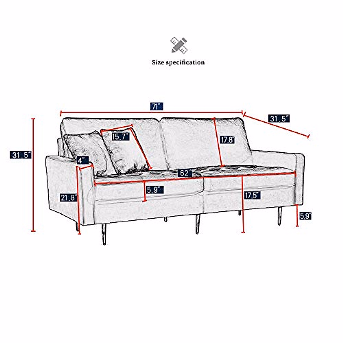 Danxee Velvet Fabric Sofa Couch 71" Wide Mid Century Modern Tufted Fabric Sofa Living Room Sofa 700lb Heavy Duty with 2 Pillows (Blue)