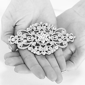 Mariell Vintage Bridal Crystal Brooch Pin, 4" Wide, Antique Silver Wedding Pin, Rhinestone Brooch for Brides and Wedding, Art Deco Fashion Accessory
