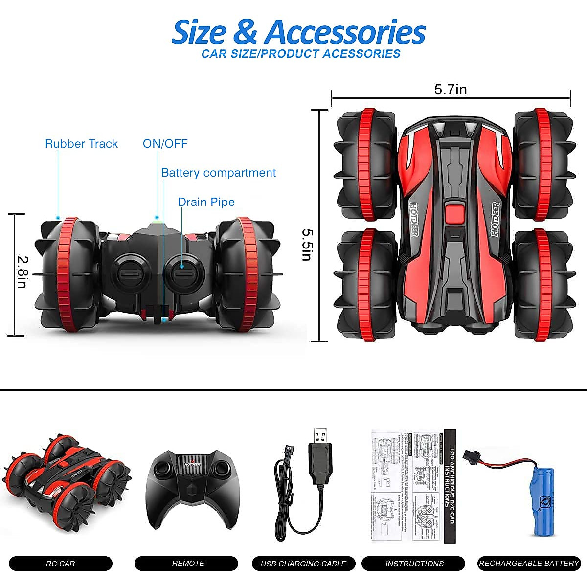 FREE TO FLY Remote Control Car Boat Truck- Amphibious RC Car for Kids 4WD Stunt Cars 2.4Ghz Rotating 360°Offroad Terrain RC Vehicle Water Land Toys for 6 7 8 9 10 11 12 Years Old Boys(red)