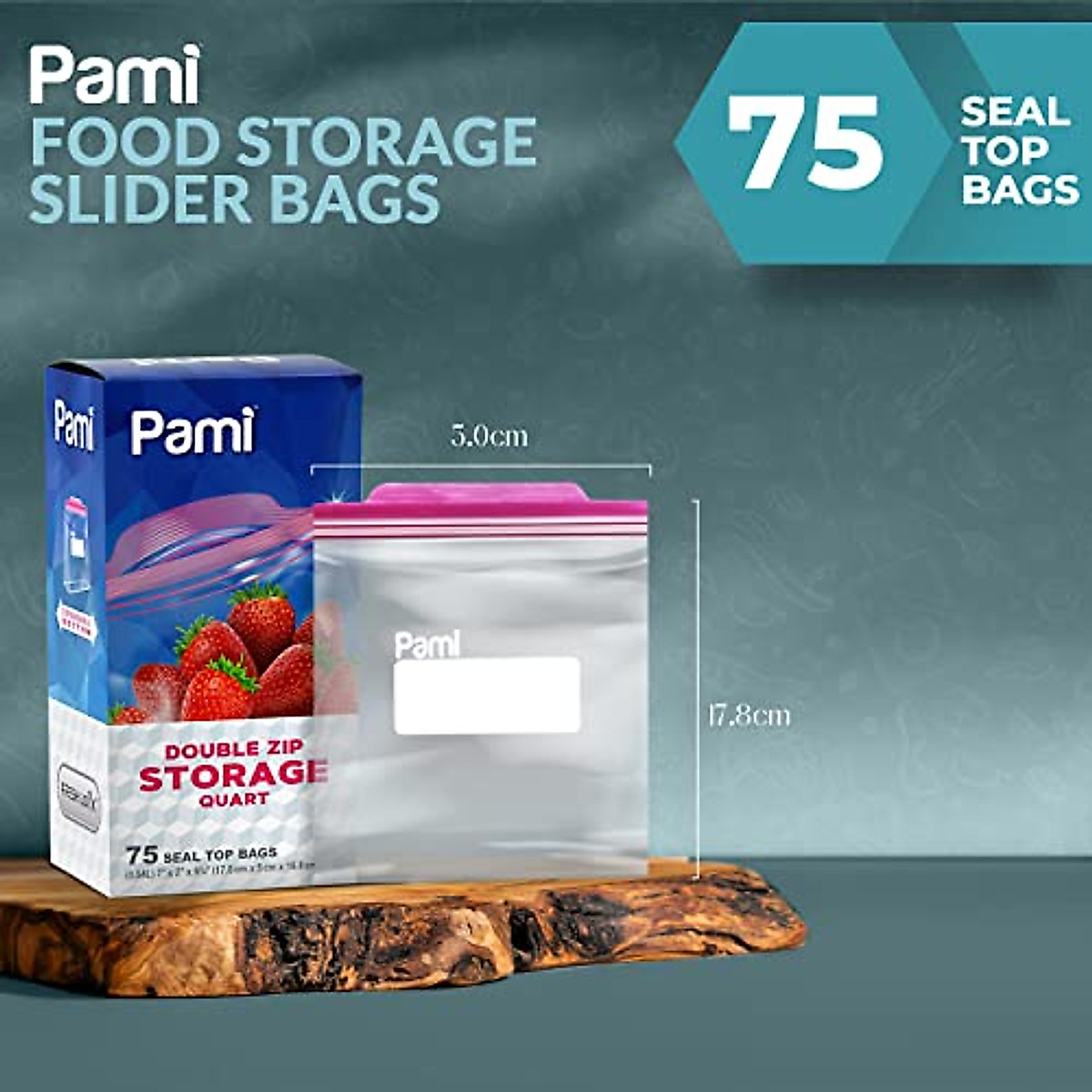 PAMI Double Zip Food Storage Quart Bags [75 Pieces] - Leakproof Freshness-Lock Bags With Expandable Bottom- Food-Safe Zipper Bags With Write On Label- Thick & Reusable Sandwich Bags