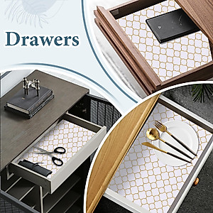 Shelf Liners for Kitchen Cabinets 12in x 20FT Non Adhesive Drawer Liner Gold Quatrefoil Thickened Shelf Liner Paper Strong Non-Slip Easy to Clean for Tool Box Refrigerator with Knife and Tape Measure