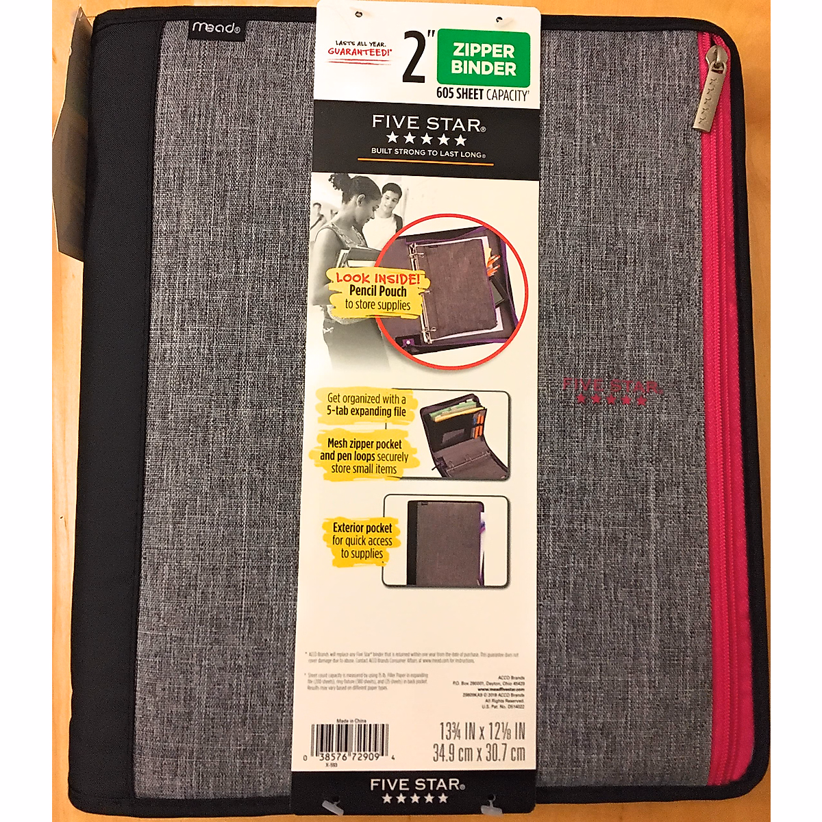 Five Star 2" Zipper Binder 605 Sheet Capacity Pink