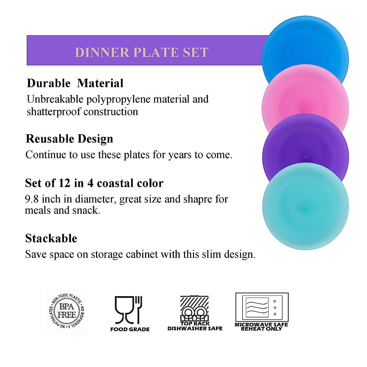 KOXIN-KARLU 10-inch Plastic Dinner Plates Reusable Plates Picnic Plates | Set of 12 in Coastal Colors