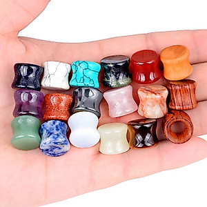 Longbeauty Wood Mixed Stone Plugs 18 Pairs/36 Pcs Double Flared Saddle Gauges Tunnels Expander Piercing Set (Gauge=10mm(00g))