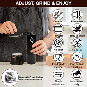 Polydrink Manual Coffee Grinder (Black) - Stainless Steel Conical Burr with Internal Adjustable Settings - Portable, Good for Home Office Traveling Hiking or Camping - Espresso to French Press