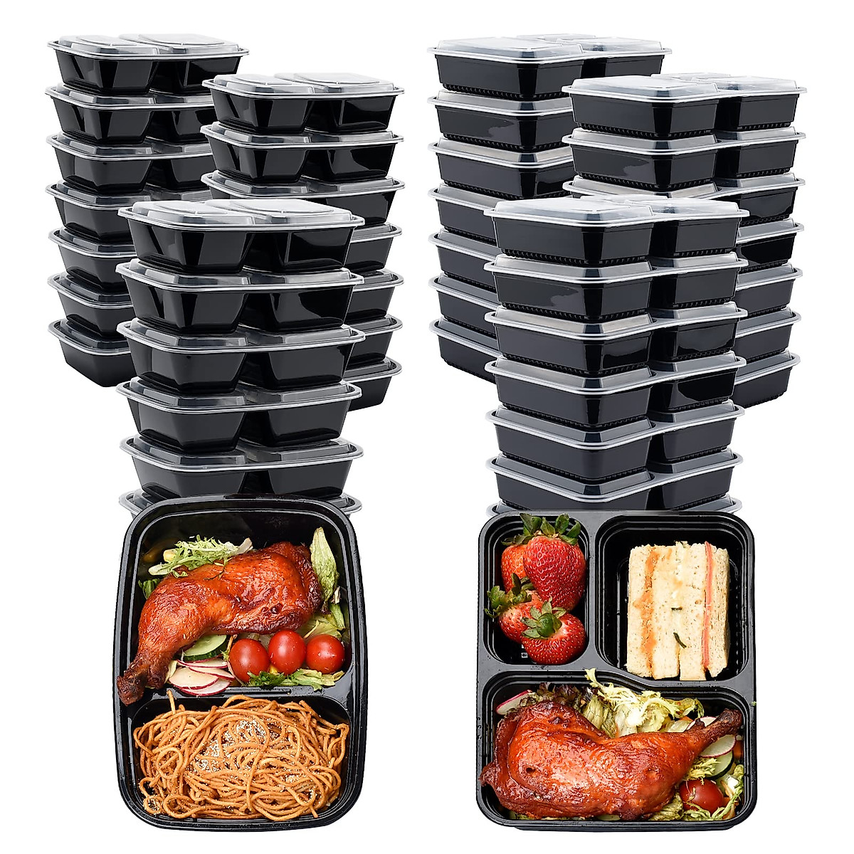 Glotoch Meal Prep Container,100Pack 2,3 Compartment Reusable Food Storage Containers For Lunch, Leftover.Disposable Black Plastic Containers With Lids To Go Container-BPA-Free Microwave Safe