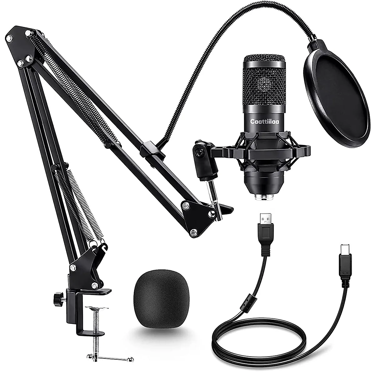 Caattiilaa USB Microphone - Condenser Mic with Professional Sound Chipset, Cardioid Pickup, Easy Installation, Compatible with Laptops, PCs, and Mobile Phones