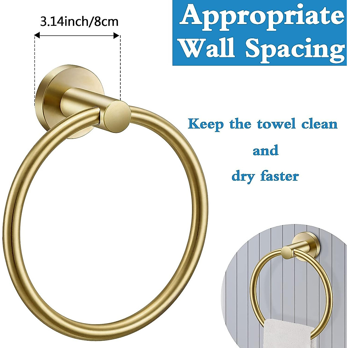 Pynsseu Brushed Gold Towel Ring for Bathroom 1 Pack, Kitchen Bath Towel Holder Hangers Wall Mount Heavy Duty Storage Stainless Steel. 2 Pack