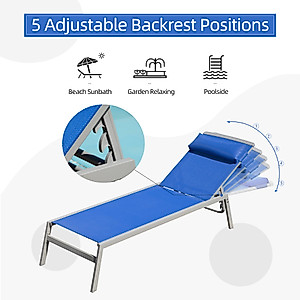 Domi Patio Chaise Lounge Set, Aluminum Pool Lounge Chairs with 5 Adjustable Position, Breathable Textilene Fabric, Sunbathing Pool Chairs with Headrest and Side Table, Blue
