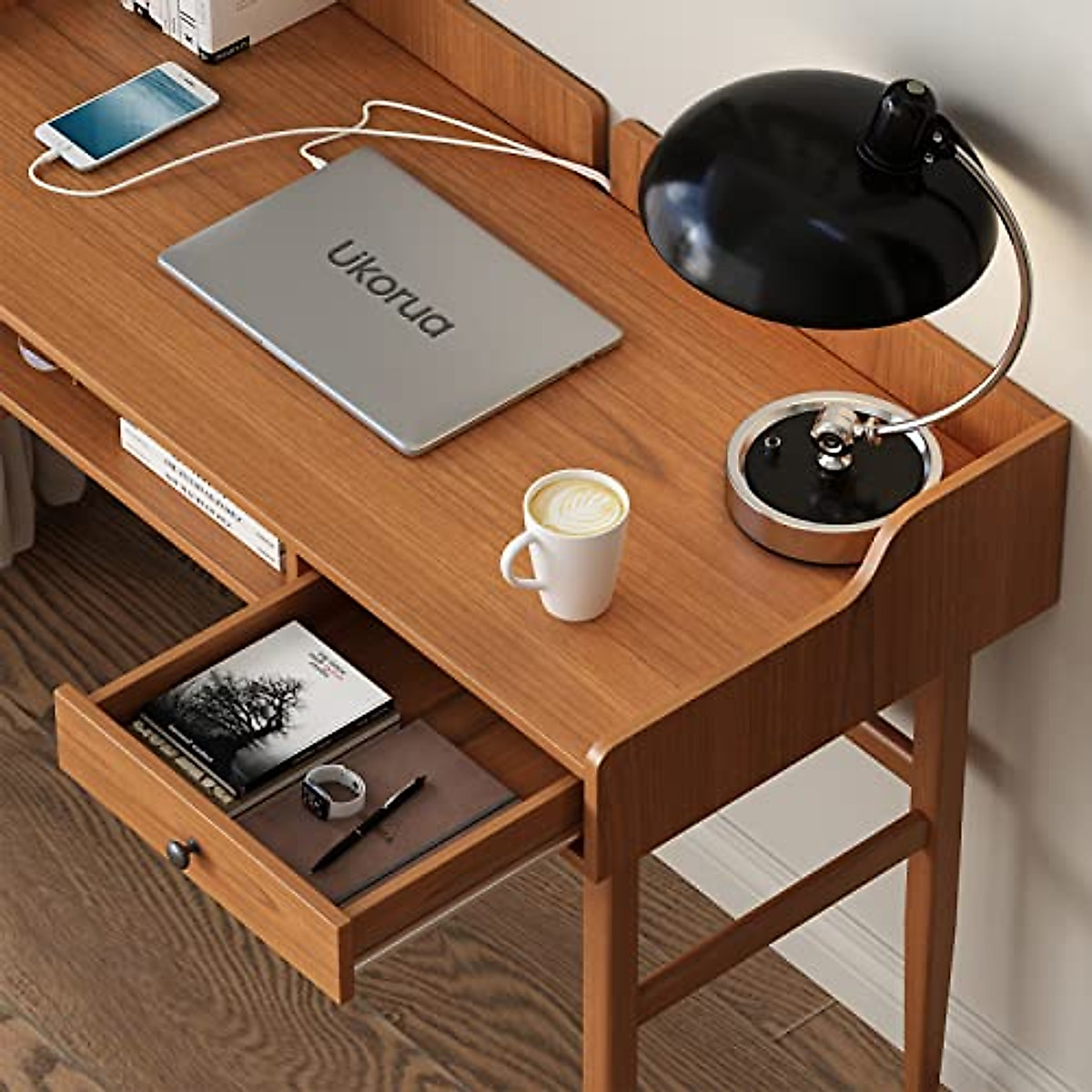 ukorua Mid Century Small Study Desk with Drawer/ 43" Cherry Desk/Modern Wood Walnut Desk/for Writing Home Computer Office with Open Storage Cubby/Vanity Desk for Small Space