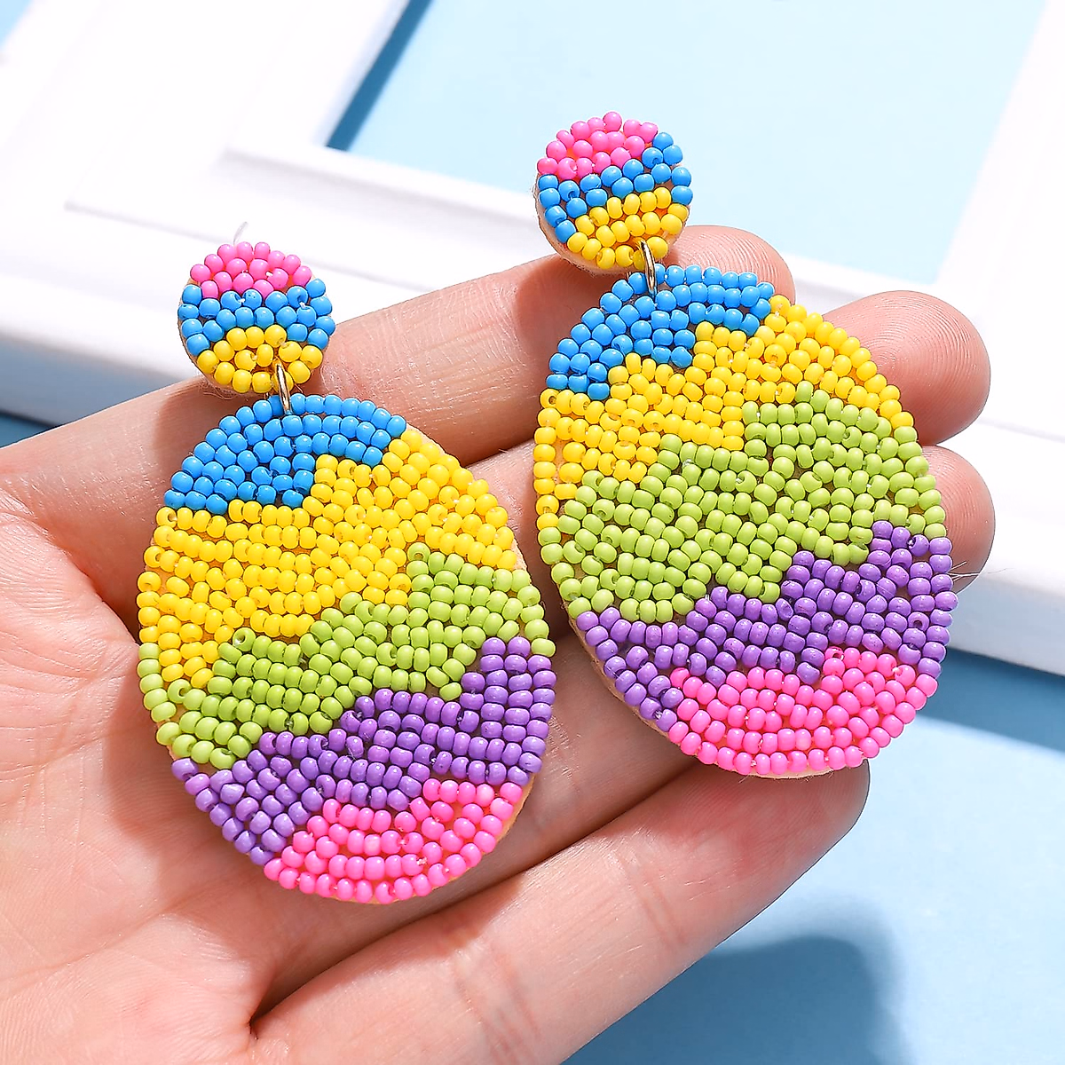 Easter Beaded Earrings for Women Boho Hypoallergenic Handmade Bunny Dangling Earrings Rainbow Egg Dangle Earrings Cute Pom Pom Pearl Beads Rabbit Easter Jewelry