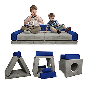 hoopyosms 11-Piece Modular Kids Play Couch Convertible Foam Sofa for Toddlers Indoor Playroom & Bedroom Fun Building Block Sofa (Grey and Blue)