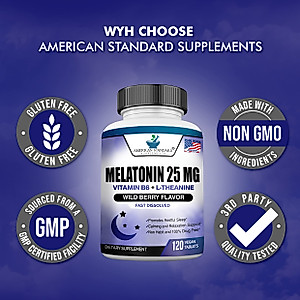 Melatonin 25mg Per One Tablet, 120 Chewable Tablet with L-Theanine & Vitamin B-6, Supports Healthy Sleep Cycle , Promotes Calming & Restful Sleep, Vegan, NON GMO, Made In USA