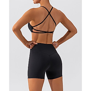 ABOCIW Workout Sets for Women Sexy Twist Front Cross Cross Back Sports Bra High Waist Biker Shorts 2 Piece Gym Yoga Outfits W-Black Medium