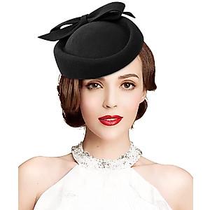 Z&X Wool Felt Fascinator Winter Women Elegant Pillbox Hat Bowknot Kentucky Derby Church Hat Retro Fedoras (032 Black), One Size
