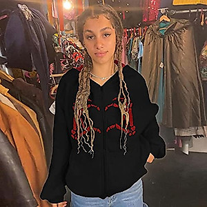 NUFIWI Vintage Zip Up Hoodies for Women Rhinestone Graphic Oversized Sweatshirts Aesthetic Pullover Jackets Gothic Streetwear(Gesture Black Heart,L)