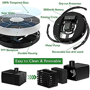 AMZtime 3.5W LED Solar Fountain Pump with Lights,DIY Solar Powered Water Fountain for Bird Bath with 16 Nozzles and 3 Stand,Solar Fountain Glass Panel with 3000mAh Battery for Outdoor, Garden, Pool