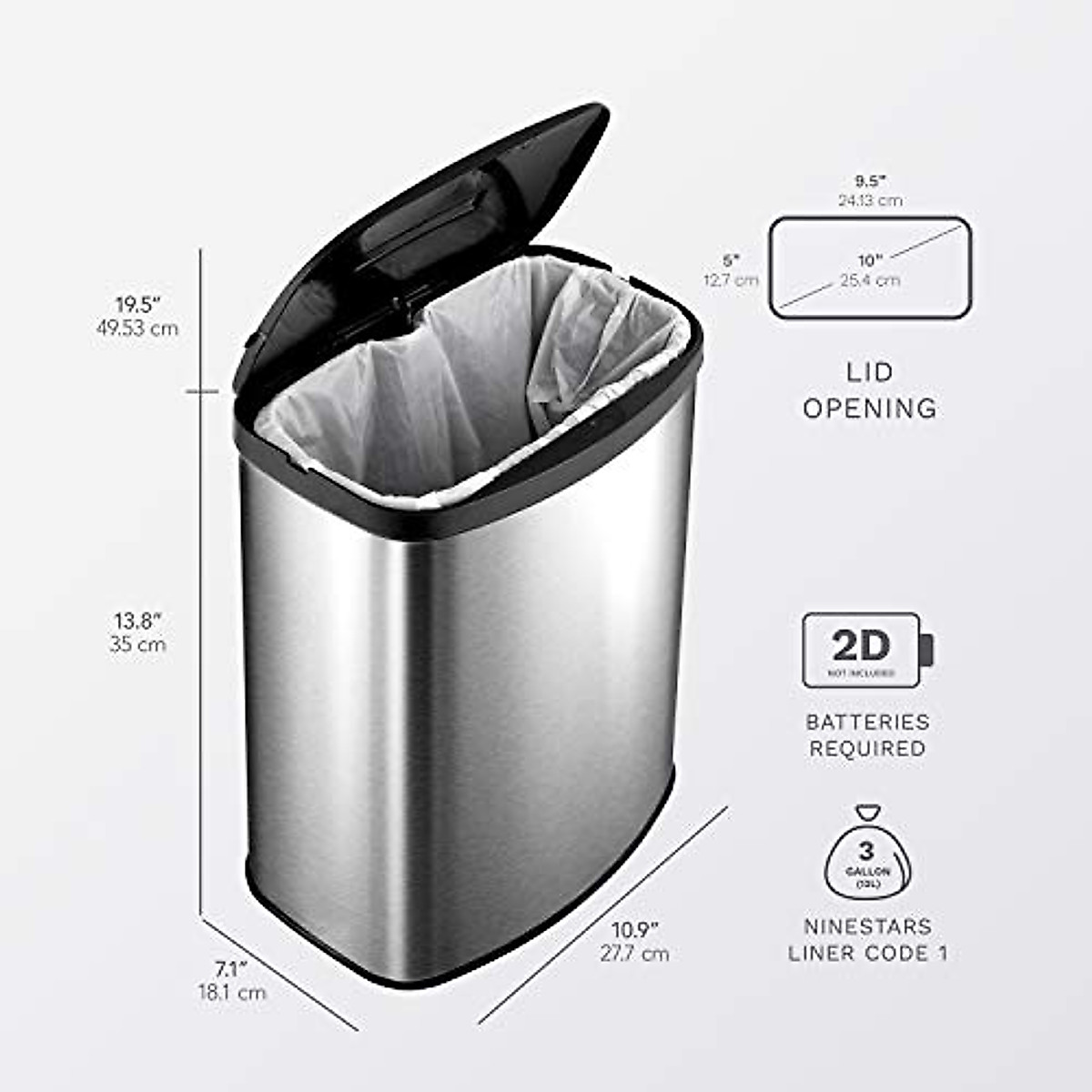 NINESTARS CB-DZT-50-9/8-1 Automatic Touchless Infrared Motion Sensor Trash Can Combo Set, 13 Gal 50L & 2 Gal 8L, Stainless Steel Base (Oval & Rectangular, Silver/Black Lid)