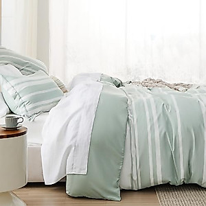 Bedsure Queen Duvet Cover Sage Green Striped - Super Soft Cationic Dyed Duvet Cover for Kids with Zipper Closure, 3 Pieces, No Comforter(90"x90")