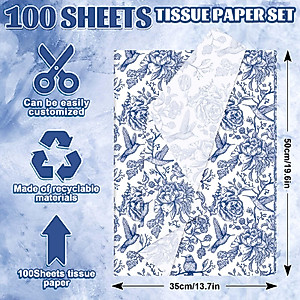 Whaline 100 Sheets Blue White Floral Tissue Paper Chinoiserie Flower Bird Gift Wrapping Paper DIY Art Craft Tissue Paper for Packaging Wedding Birthday Baby Shower, 13.7 x 19.6 Inch