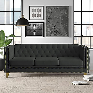 ATUMON Modern 2 Piece 81" 3-Seater Velvet Sofa Set,Buttons Tufted and Square Arm,Inlaid Gold Nail Heads and 4 Golden Metal Legs for Living Room (Black, 81" 3+3 Seat Velvet Sofa Sets)