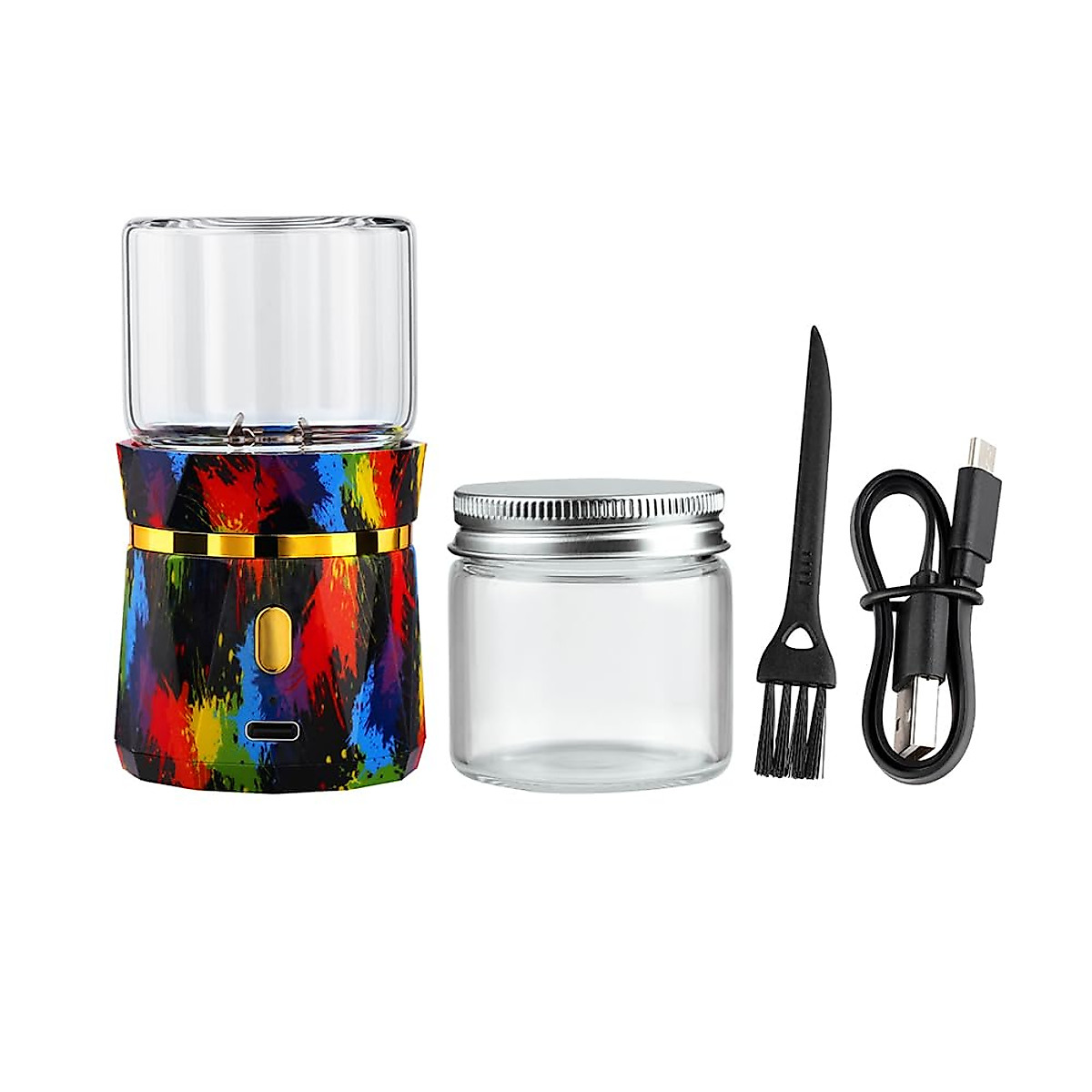 Electric Herb Grinder, Small Spice Grinder Electric Herb Grinders Mini Size 2inx3.5inches with 2pcs 1.7oz/50ml Glass Jar Herb Jar Portable Herb Grinder Rechargeable Automatic Herb Grinder