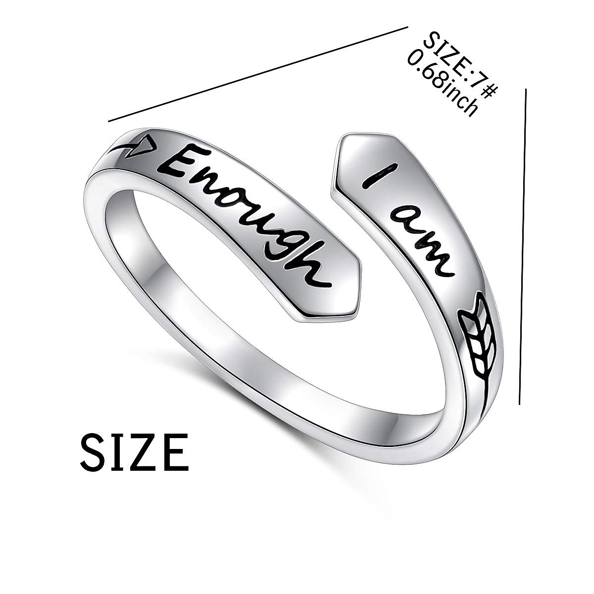 FLYOW Inspirational Rings Adjustable 925 Sterling Silver Spiral Wrap Twist Ring Encouragement Jewelry for Women (I am Enough)