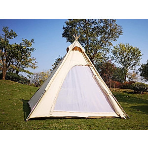 7’x7’x6.5’Outdoor Cotton Canvas 2-3 Person 3 Seasons Bell Teepee Tent with Double Door Spire Tent Pyramid Tents for Family Camping