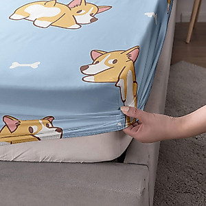 Smell Sunshine Cute Puppy Sheets Set 4Pcs for Kids,Cute Puppy Printed Sheet Set with 1 Flat Sheet and 1 Fitted Sheet + 2 Pillowcases(Cute Puppy Queen)
