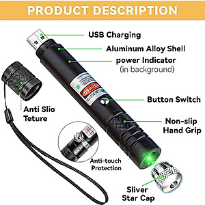 Green Laser Pointer Long Range High Power Tactical Green Beam Flashlight Laser pointer rechargeableUSB Laser Pointer Cat toys with Star Cap Adjustable Focus for Teaching Outdoor Hunting
