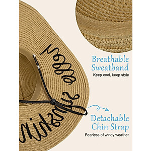 Floppy Beach Hats for Women, Foldable Wide Brim Sun Hat Embroidered Roll up Straw Hat - Vocation, Honeymoon, Travel Khaki