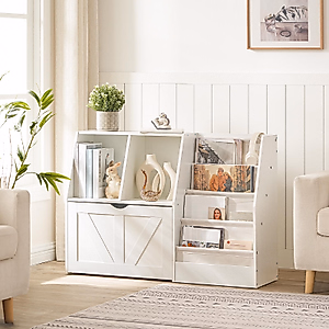 Kids Bookshelf, Four Layer Sling Bookcase, Toddler Storage Book Rack, Toy Organizer Shelves with Movable Drawer, Toy Organizer Cabinet, Book Display, for Playroom, Nursery, Kids Room, White WT112CW01