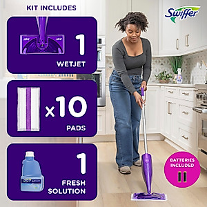 Swiffer WetJet Hardwood and Floor Spray Mop Cleaner Starter Kit, Includes: 1 Power Mop, 10 Pads, Cleaning Solution, Batteries