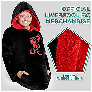 Liverpool FC Fleece Hoodie Blanket for Boys Teenagers One Size Kids Oversized Hoodie Liverpool Gifts for Boys (Black)