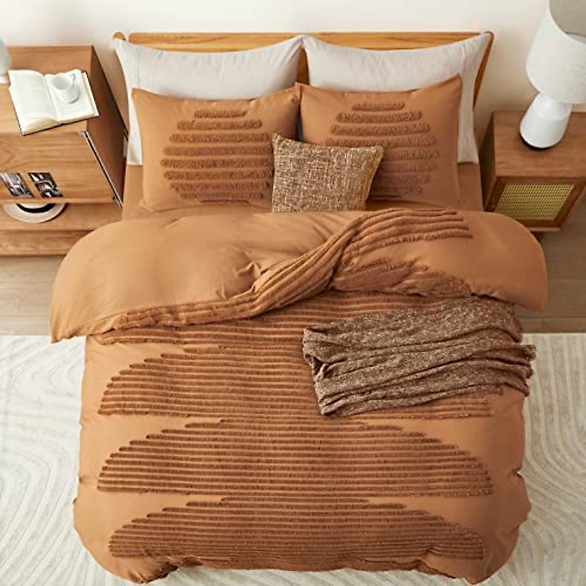 BEDAZZLED Duvet Cover King Size, 3 Pieces Boho Bedding Sets for Shabby Chic Home, Tufted and Soft Comforter Cover Set, Pumpkin Brown