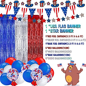 DawnHope 50PCS Patriotic Decorations, 4th of July Independence Day Red White Blue Hanging Paper Fans, Hanging Swirls, Flag Pennant, Foil Fringe, Balloons, Pom Poms Memorial Day Party Supplies Decor