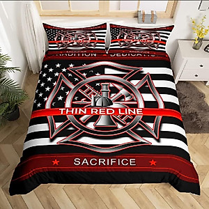 Castle Fairy Firefighter Fire Sign Bedding Set,American Flag Duvet Cover for Kids Teen Boys Girls,Fireman Logo Comforter Cover Decorative Room,Stars Stripes Quilt Cover with 2 Pillowcases,King Size