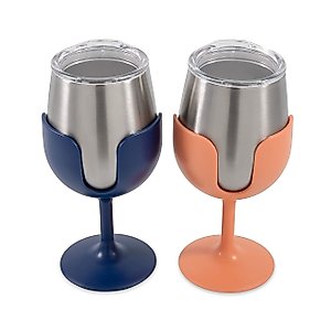 Camco Life is Better at The Campsite Wine Tumbler | Heavy Duty Double Wall Vacuum Insulation | Crafted of 18/8 Stainless Steel | Features Removable Navy & Peach Stems | 2-Pk, 8-oz/Each (51917)