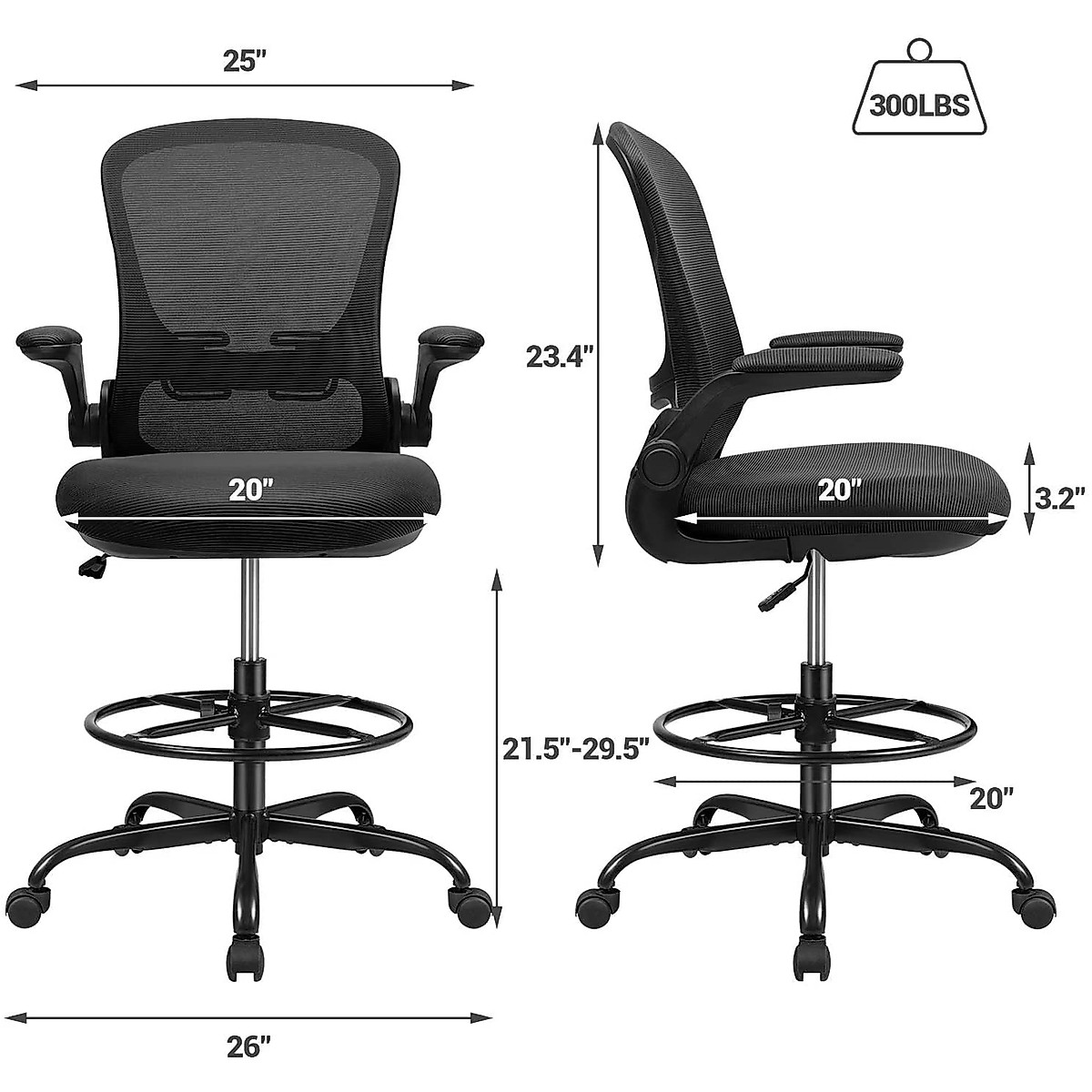 Devoko Drafting Tall Flip-up Armrests Office Desk Ergonomic Mesh Chair Lumbar Support with Adjustable Height, Black