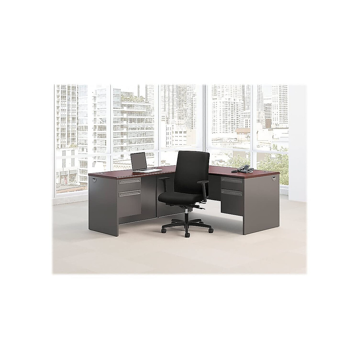 HON 38000 Series Flush Return, Left, 48W X 24D X 29.5H, Mahogany/Charcoal