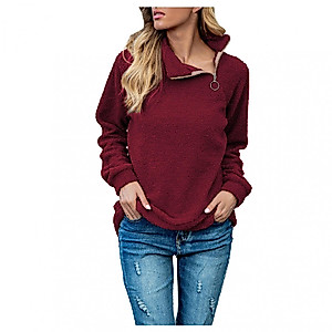 Padaleks Women's Long Sleeve Lapel Side Zip Up Sweatshirt Solid Stylish Loose Fit Casual Pullover Tops Blouses Wine