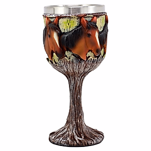 Ebros Gift Equine Beauty Wild Horses Wine Goblet 7oz Chalice Cup In Rustic Wood Bark Roots Design