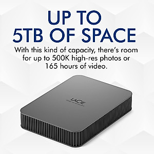 LaCie Mobile Drive Secure 2TB External Hard Drive Portable HDD - Space Grey, USB-C 3.2, for PC and Mac, Post-Consumer Recycled, with Adobe All Apps Plan and Rescue Services (STLR2000400)