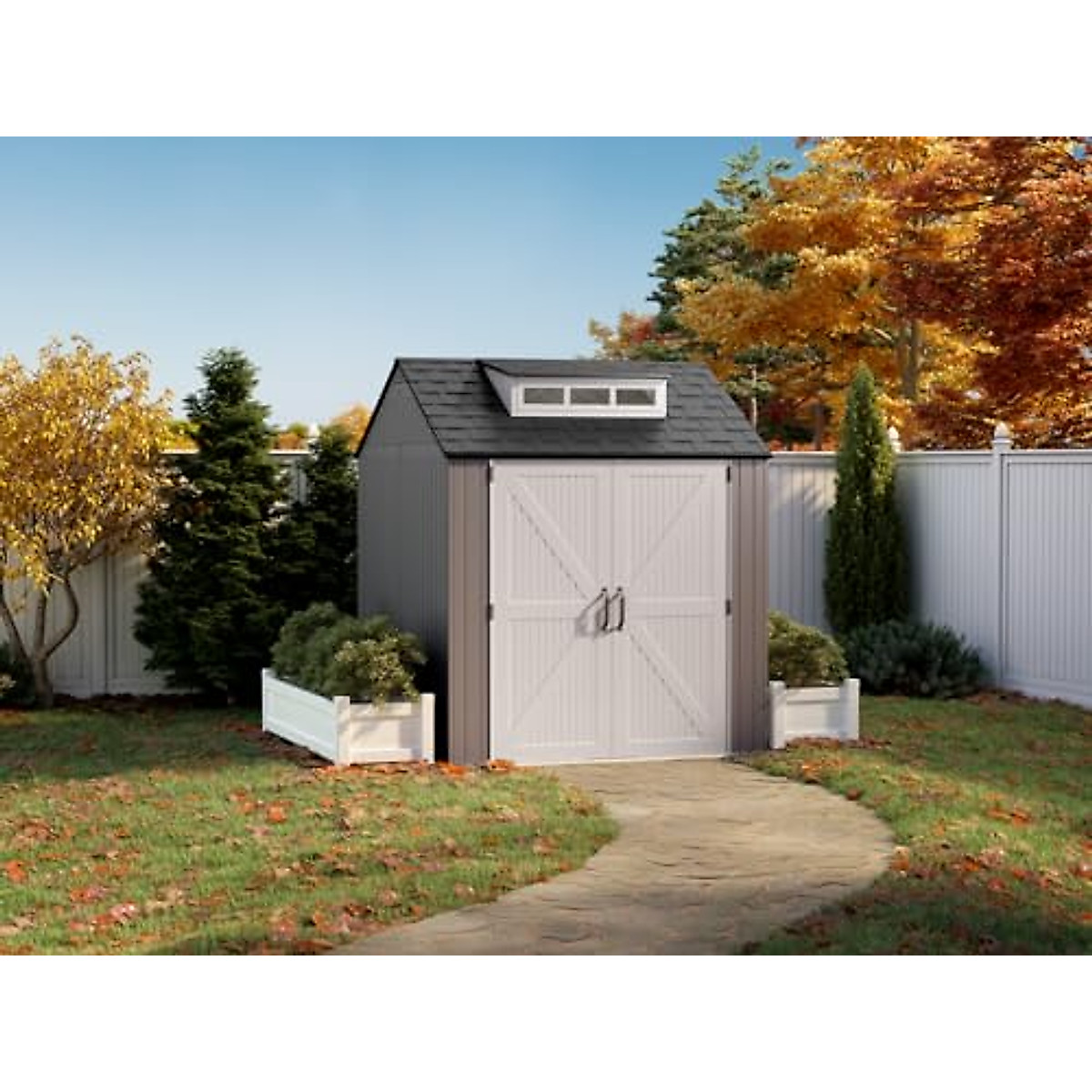 Rubbermaid Large Resin Outdoor Storage Shed With Floor (7 x 7 Ft.), Weather Resistant, Brown, Organization for Home/Lawn Mower/Backyard Equipment/Bike Storage/Pool Supplies