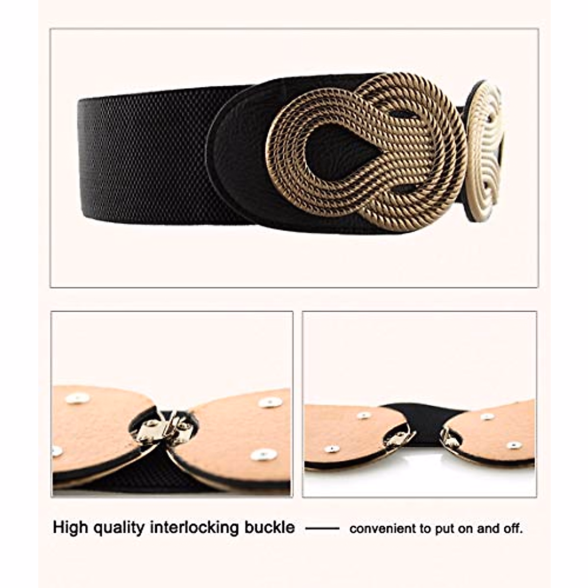 VOCHIC 2pcs Vintage Basic Stretchy Elastic Wide Waist Belt for Womens Dress Metal Interlock Buckle
