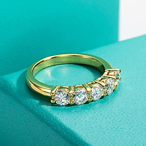 AnuClub 5 Stone Moissanite Wedding Band 1.5cttw D Color Lab Diamond 14k Yellow Gold Plated Silver Eternity Rings, Christmas Gift For Women With Certificate 8