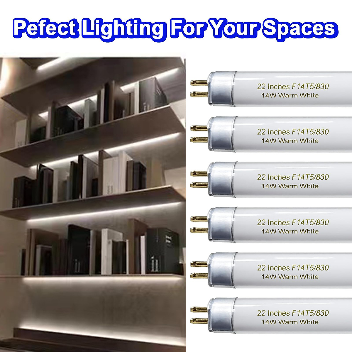 22 Inch T5 Fluorescent Light Bulb 14 Watt F14T5/WW Compatible with Sylvania Satco Philips GE Under Cabinet Lamp Light 3000K Warm White 800 Lumen G5 Base 6 Count