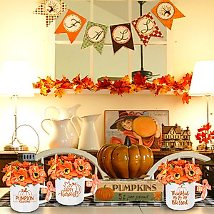 3PCS Mini Coffee Mug with Artificial Flowers for Fall/Thanksgiving Tiered Tray Decor - Autumn Pumpkin Ceramic Fall Decorations for Home Fall Decor Farmhouse Table Centerpiece Warming Gifts New Home