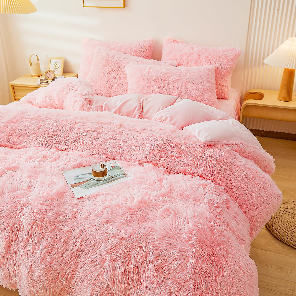 ERLOXO Fluffy Pink Faux Fur Comforter Cover Set，Fluffy Fuzzy Plush Pink Bedding 3Pcs (1 Faux Fur Duvet Cover +2 Fuzzy Pillowcases) Pink Fluffy Bed Set (Pink, Queen)